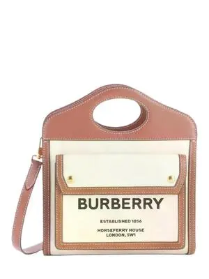 Burberry Logo Pocket Tote Canvas With Leather Mini Crossbody Bag - Brown