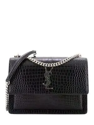 Saint Laurent Sunset Crocodile Embossed Leather Medium Crossbody Bag - Black