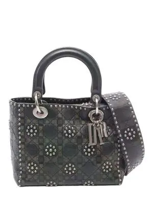 Dior Medium Calfskin Cannage Embossed Flower Studded Supple Lady Satchel - Black