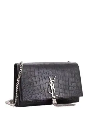 Saint Laurent Monogram Tassel Crocodile Embossed Leather Crossbody Bag - Black