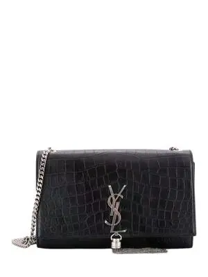 Saint Laurent Monogram Tassel Crocodile Embossed Leather Crossbody Bag - Black