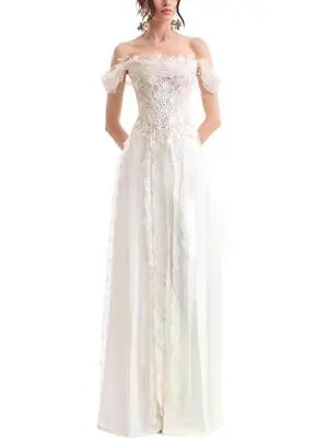GEMY MAALOUF Embroidered Lace-trim Maxi Dress - Neutrals
