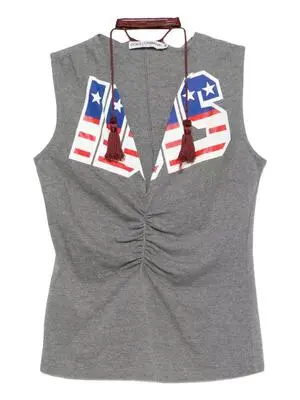 Dolce & Gabbana Sleeveless V-neck Top With Usa Print And Tassel Ties - Grey