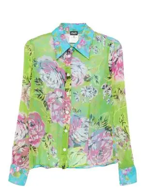 Dolce & Gabbana 2000s Floral Print Sheer Button-up Shirt - Green