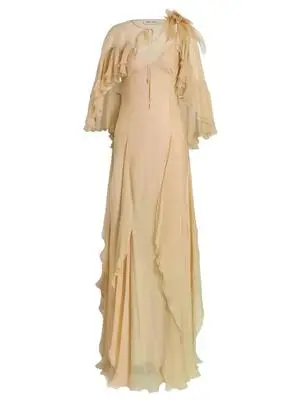 Alberta Ferretti Ruffled Silk Gown With Floral Appliqu - Neutrals