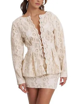 MISS CIRCLE NEW YORK Wenley Cotton Lace Puff Sleeve Cinched Top - Beige