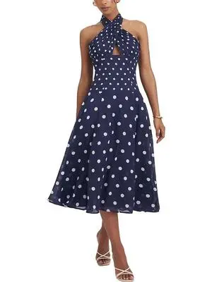 MISS CIRCLE NEW YORK Nuri Polka Dot Ramie Crossover Halter A-line Midi Dress - Navy