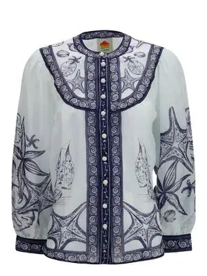 Farm Rio Coast Scarf Print Ramie Long-sleeve Blouse - Bianco