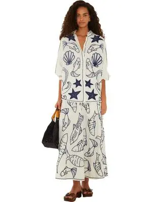 Farm Rio Embroidered Linen-blend Midi Skirt - Bianco