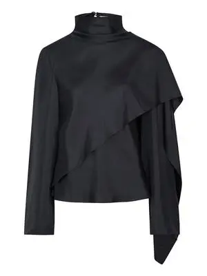 RÓHE Draped Asymmetrical High-neck Silk Top - Black