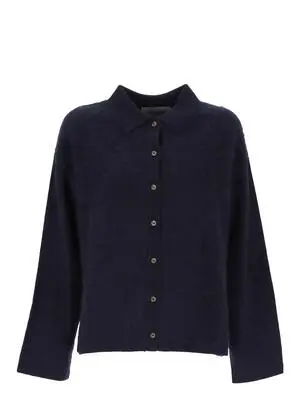Soft Goat Long-sleeved Knitwear With Button Closure - Navy Blue