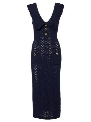 Alessandra Rich Alessandra Rich Knitted Virgin Wool Midi Dress With Ruffled Collar Blue