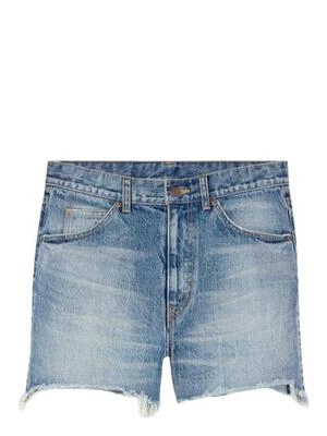 Celine Cotton Denim Shorts With Studded Pockets And Frayed Hems - Blue