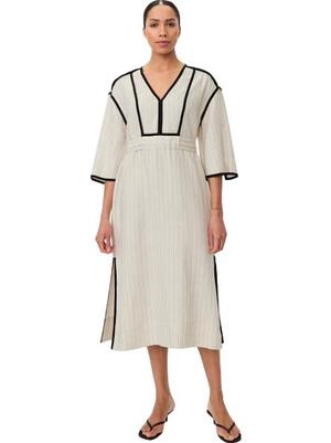 MASAI COPENHAGEN Linen-blend Striped V-neck Midi Dress With Tie Belt - Fog