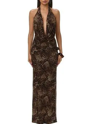 Naked Wardrobe Deep Plunge Leopard Print Maxi Dress - Spotted Leopard