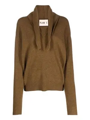 Plan C Long-sleeved Scarf Collar Knitted Shirt - Brown