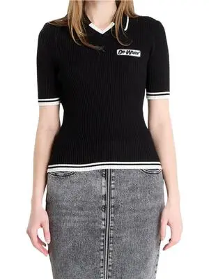 Off-White Ribbed Knit Short Sleeve V-neck Top With Striped Trim - Black