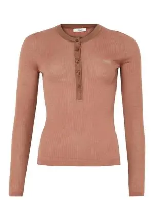 Chloé Ribbed Long Sleeve Sweater With Embroidered Logo - Pink