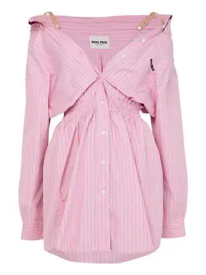 Miu Miu Striped Off-the-shoulder Mini Shirt Dress - Pink