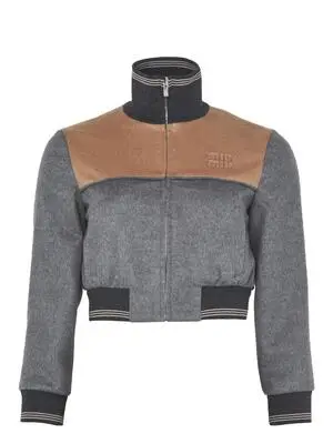 Miu Miu Cropped Zip-up Jacket With Embroidered Logo - Gray