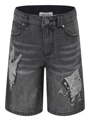 Stella McCartney Belt-loop Denim Shorts With Spongebob And Patrick Print - Grey
