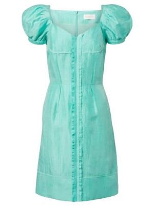 SHUSHU/TONG Puff Sleeve Linen-blend Midi Dress - Green