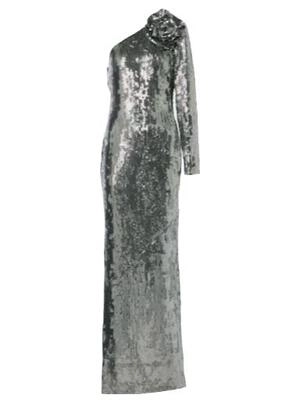 Roland Mouret One-shoulder Sequined Gown With Floral Appliqu - Gray
