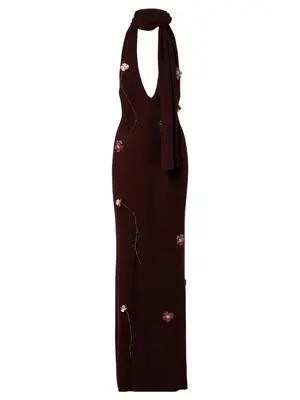 AYA MUSE Floral Appliqué Knit Maxi Dress - Brown