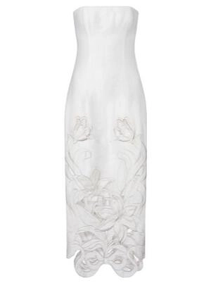 LEO Lin Rayna Floral-appliqué Linen-blend Bustier Gown - White