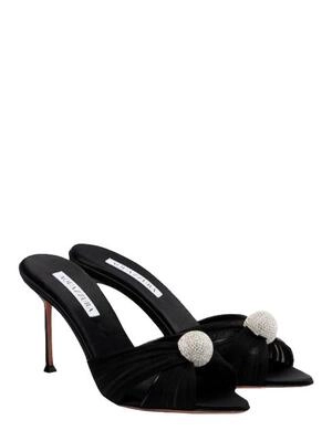 AQUAZZURA Embellished Satin Mules With Leather Trim - Black