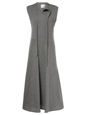 JIL SANDER Tie Neck Virgin Wool Canvas Midi Dress - Gray