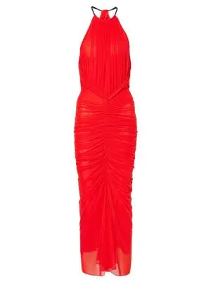 MUGLER Halterneck Pleated Midi Dress - Red