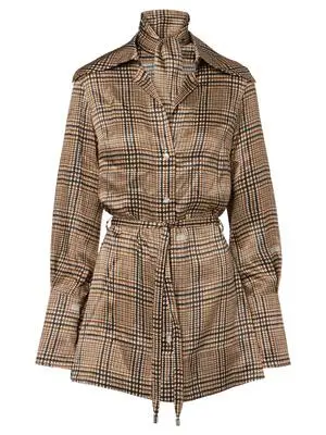 PATOU Plaid Shirt Dress With Detachable Bow Tie - Brown