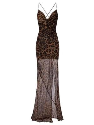 Blumarine Leopard Print Silk Maxi Dress - Black