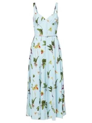 Oscar De La Renta Floral Belted Cady Midi Dress - Blue
