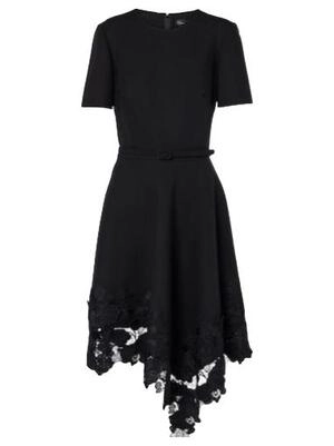 Oscar De La Renta Asymmetric Wool-blend Midi Dress With Lace Hem - Black