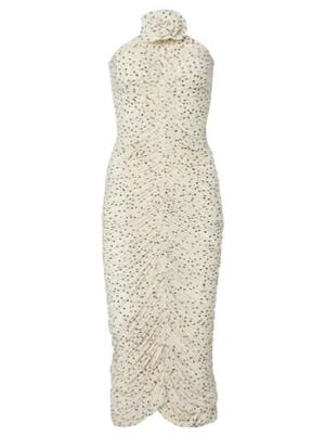 Magda Butrym Off-the-shoulder Floral Appliqué Polka Dot Dress - Beige