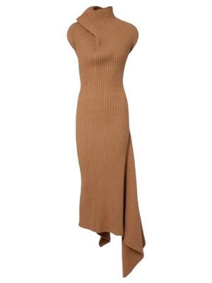 Victoria Beckham Ribbed-knit Wool-blend Midi Dress With Draping - Brown