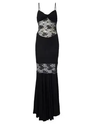 Nina Ricci Spaghetti Strap Lace Paneled Gown - Black