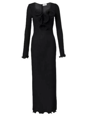 Magda Butrym Long Sleeve Floral Appliqué Maxi Dress - Black