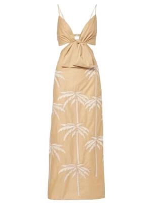 Johanna Ortiz Sea Swirl Midi Dress With Palm Tree Embroidery - Nude