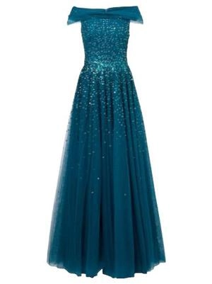 Jenny Packham Jenny Packham Off-Shoulder Crystal Embellished Gown Blue