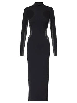 Stella McCartney High Neck Mesh Paneled Knit Maxi Dress - Black