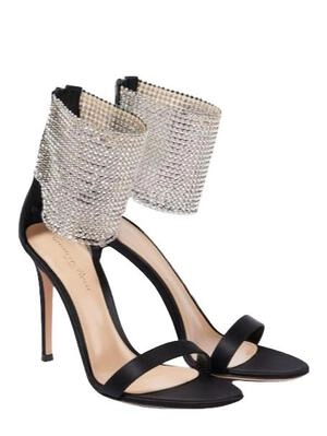 GIANVITO ROSSI Gianvito Rossi Black Satin Single Strap High Heel Sandals With Rhinestone Ankle Cuffs Nude