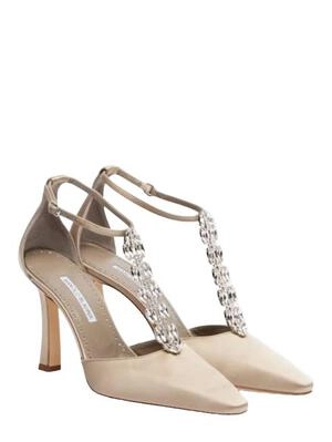 Manolo Blahnik Crystal Embellished Satin High Heels - Beige