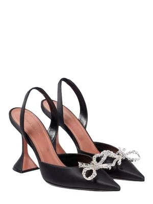 Amina Muaddi Satin Slingback Pumps With Crystal Bows - Black