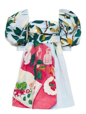 Oscar De La Renta Tablescape Puff-sleeve Cotton Poplin Minidress - Multicolor