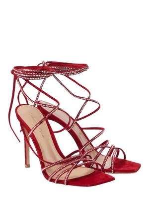GIANVITO ROSSI Suede Rhinestone Wrap Strap Stiletto Sandals - Red