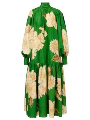 ALEMAIS Sage Floral Silk Midi Dress - Green