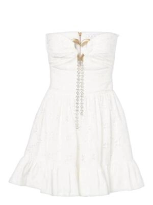 AREA Draped Cotton Minidress With Crystal Embellishments - White